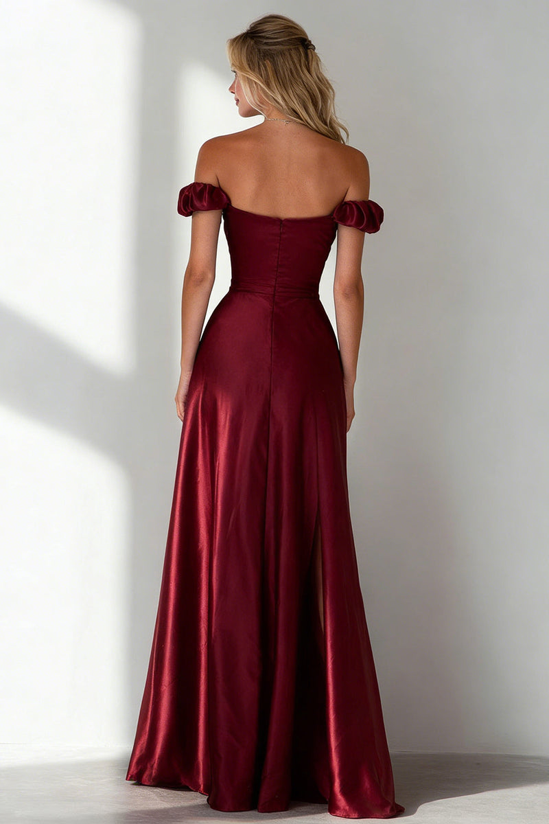 Queendancer Women Burgundy Long Satin Formal Dress with Slit A Line Off ...