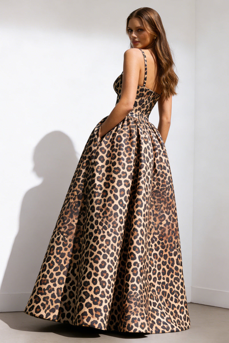 Queendancer Women Brown Leopard Print Maxi Prom Dress Spaghetti Straps ...