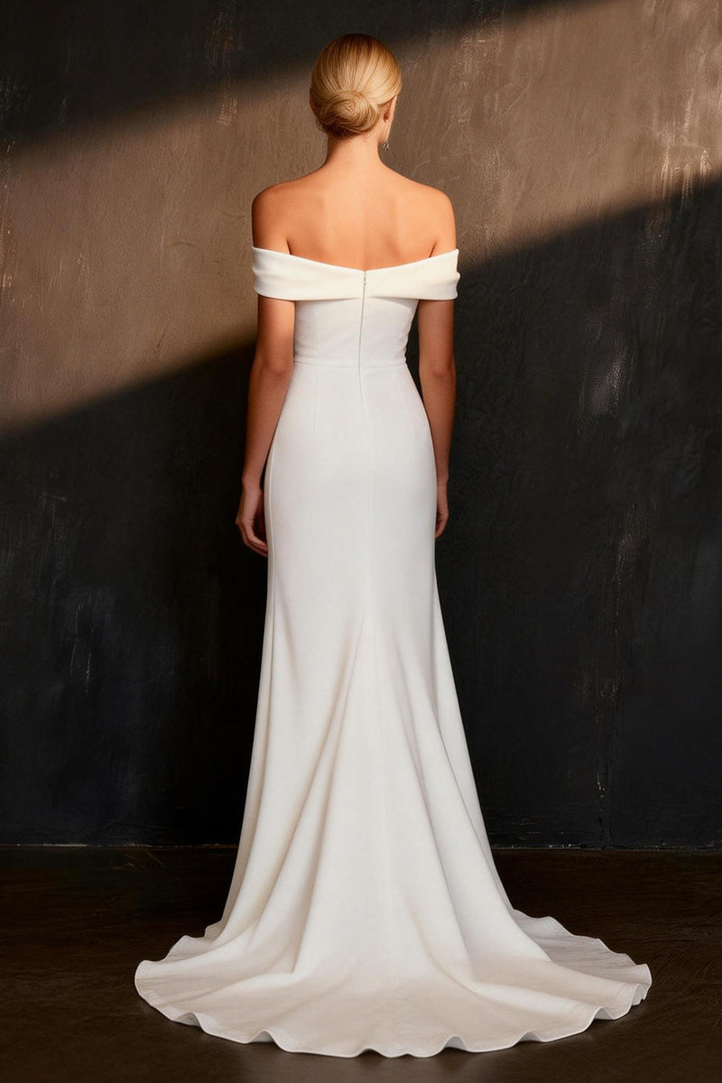 Queendancer Women White Sweep Train Satin Wedding Dress with Slit Off ...