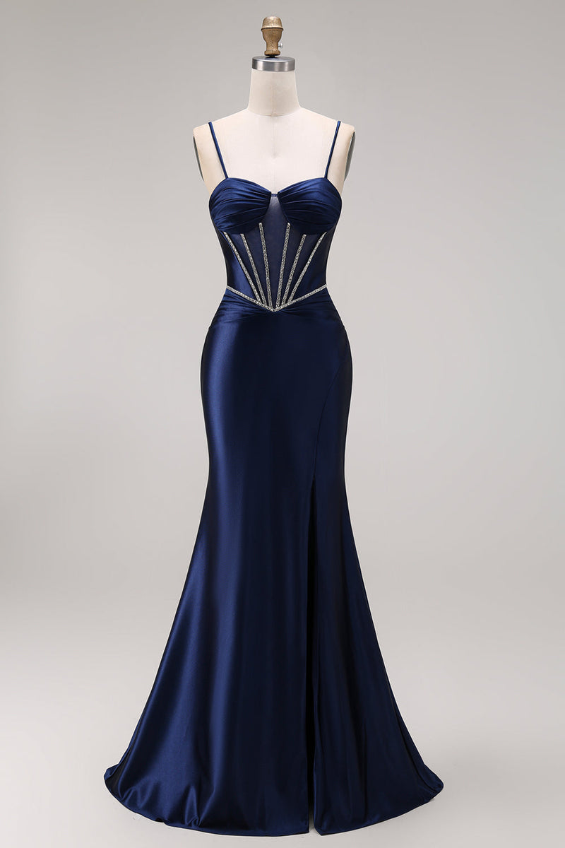 Queendancer Women Navy Satin Corset Long Prom Dress with Slit Mermaid ...