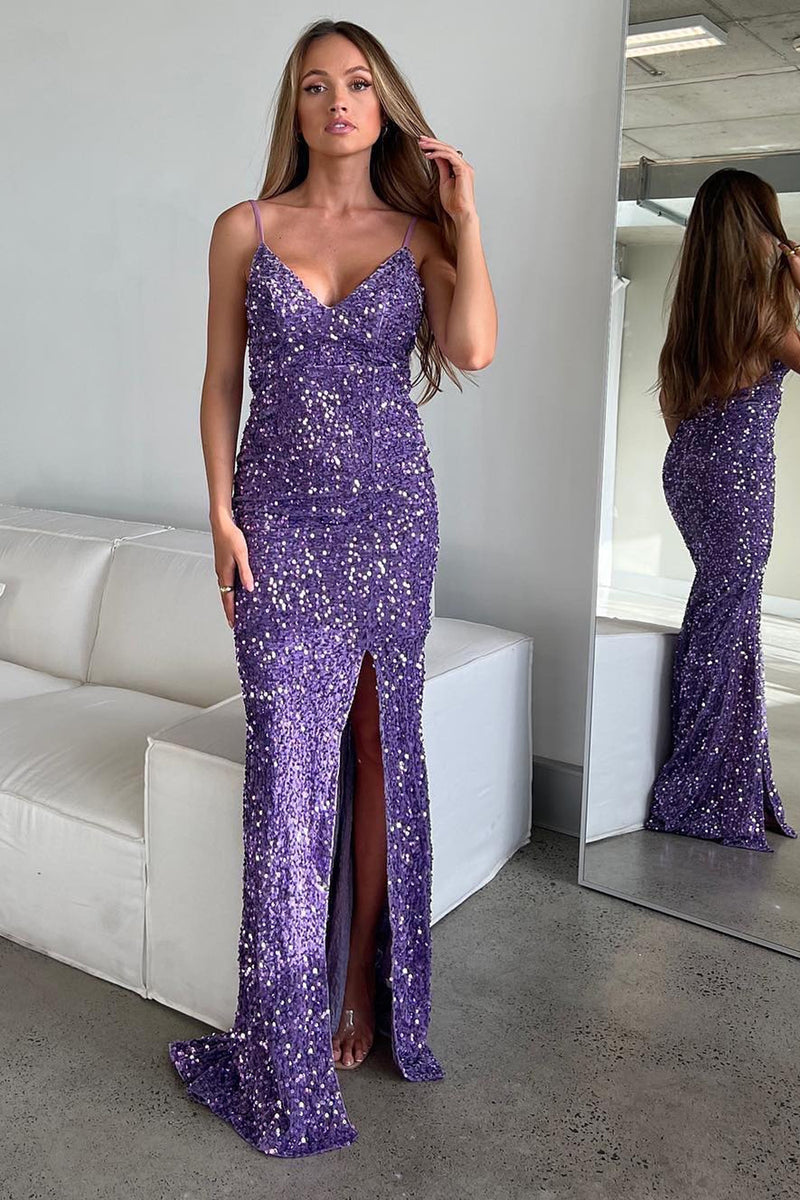 Queendancer Women Sparkly Purple Prom Dress With Slit Mermaid Long ...