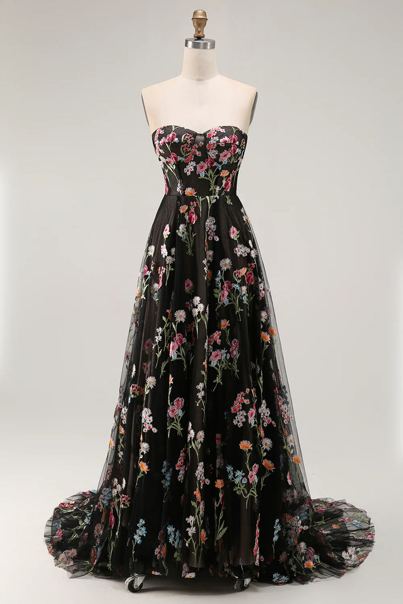 Queendancer Women Black Long Prom Dress with Embroidery Tulle Strapless ...