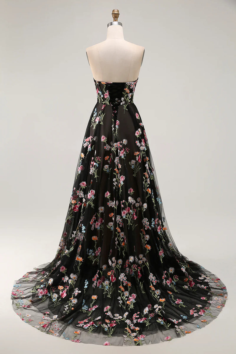 Queendancer Women Black Long Prom Dress with Embroidery Tulle Strapless ...