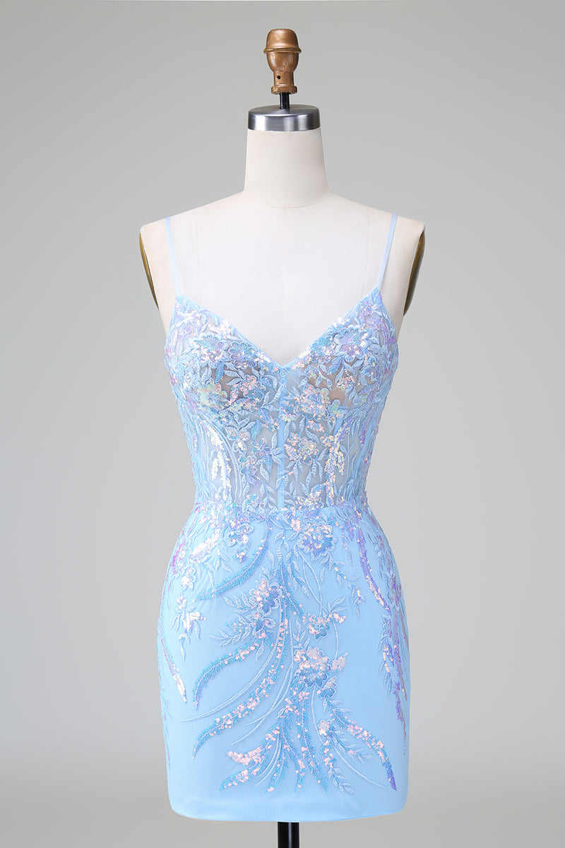 Queendancer Women Glitter Blue Tight Short Prom Dress Spaghetti Straps ...