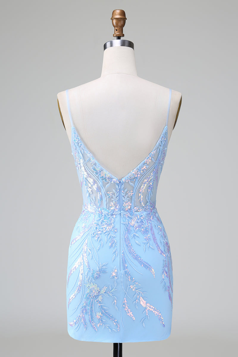Queendancer Women Glitter Blue Tight Short Prom Dress Spaghetti Straps ...