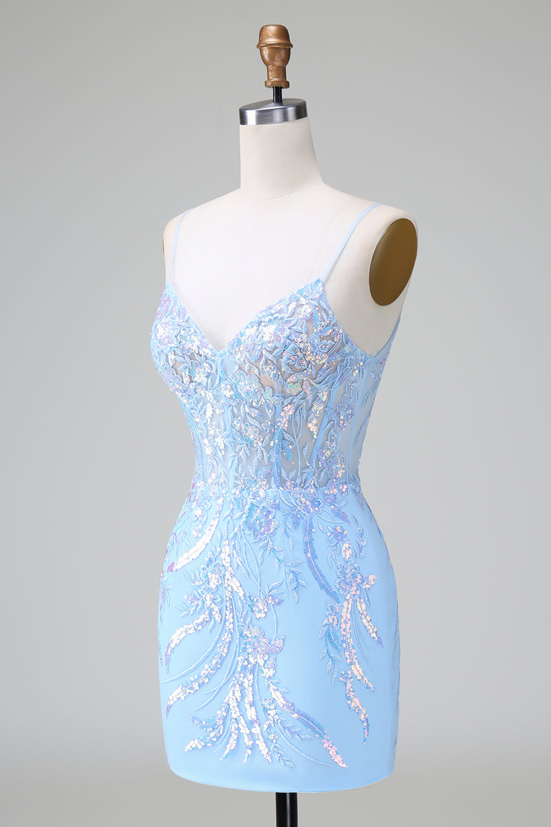Queendancer Women Glitter Blue Tight Short Prom Dress Spaghetti Straps ...