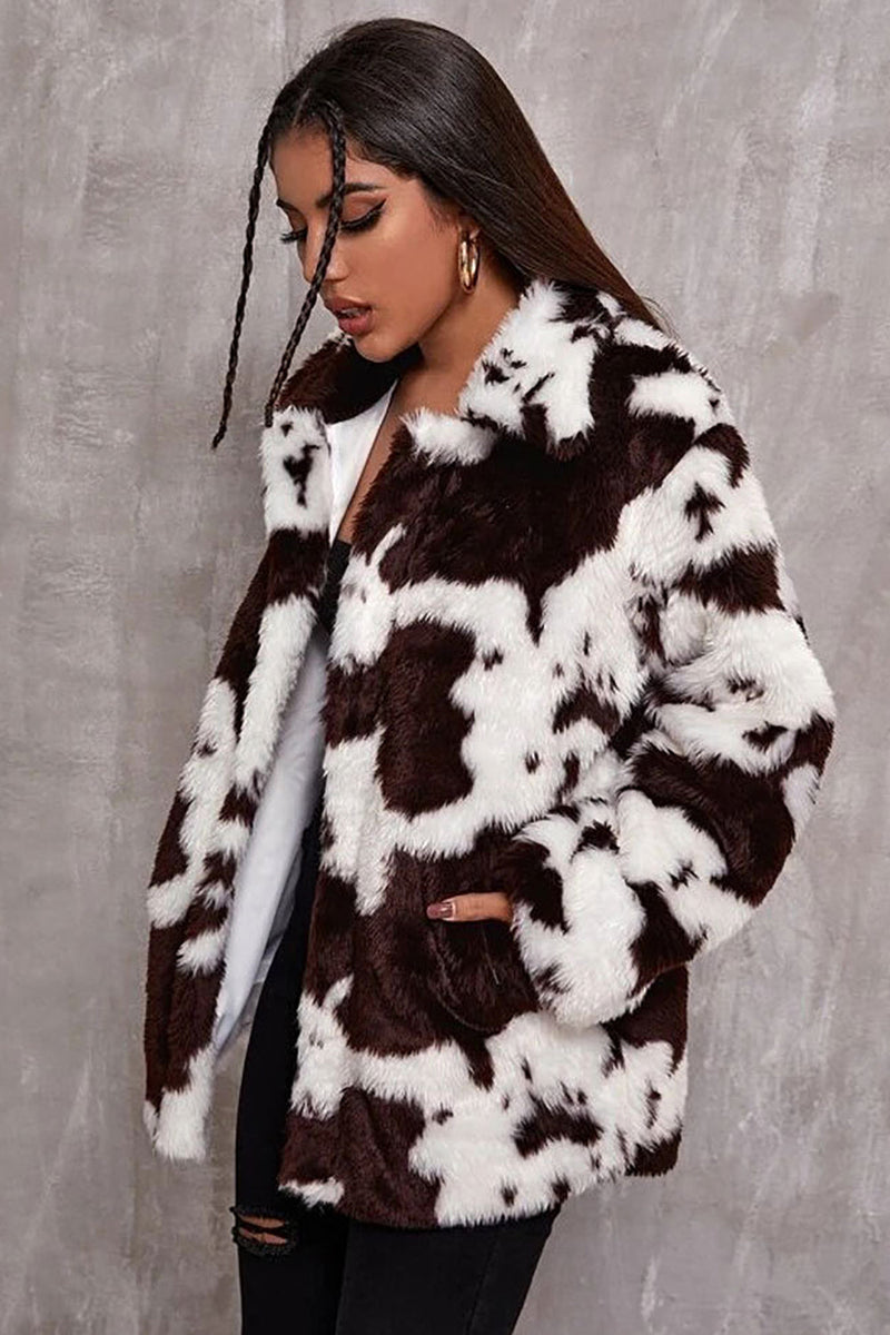 Queendancer Women White Cow Pattern Lapel Neck Midi Faux Fur Shearling ...