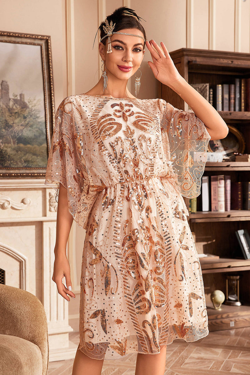 Queendancer Women Flapper Dress Batwing Sleeves Champagne Sequins 1920s ...
