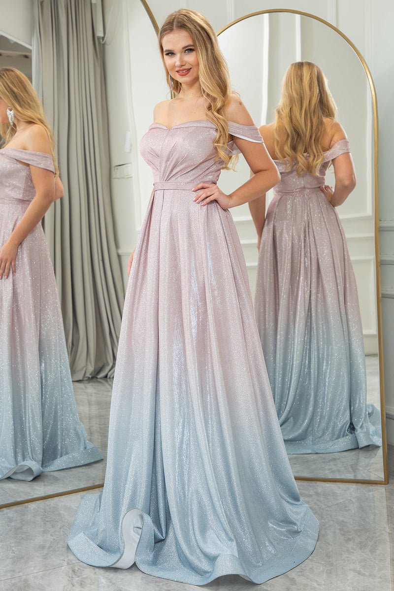 Queendancer Women Glitter Blush Long Prom Dress With Pleats A Line Off ...