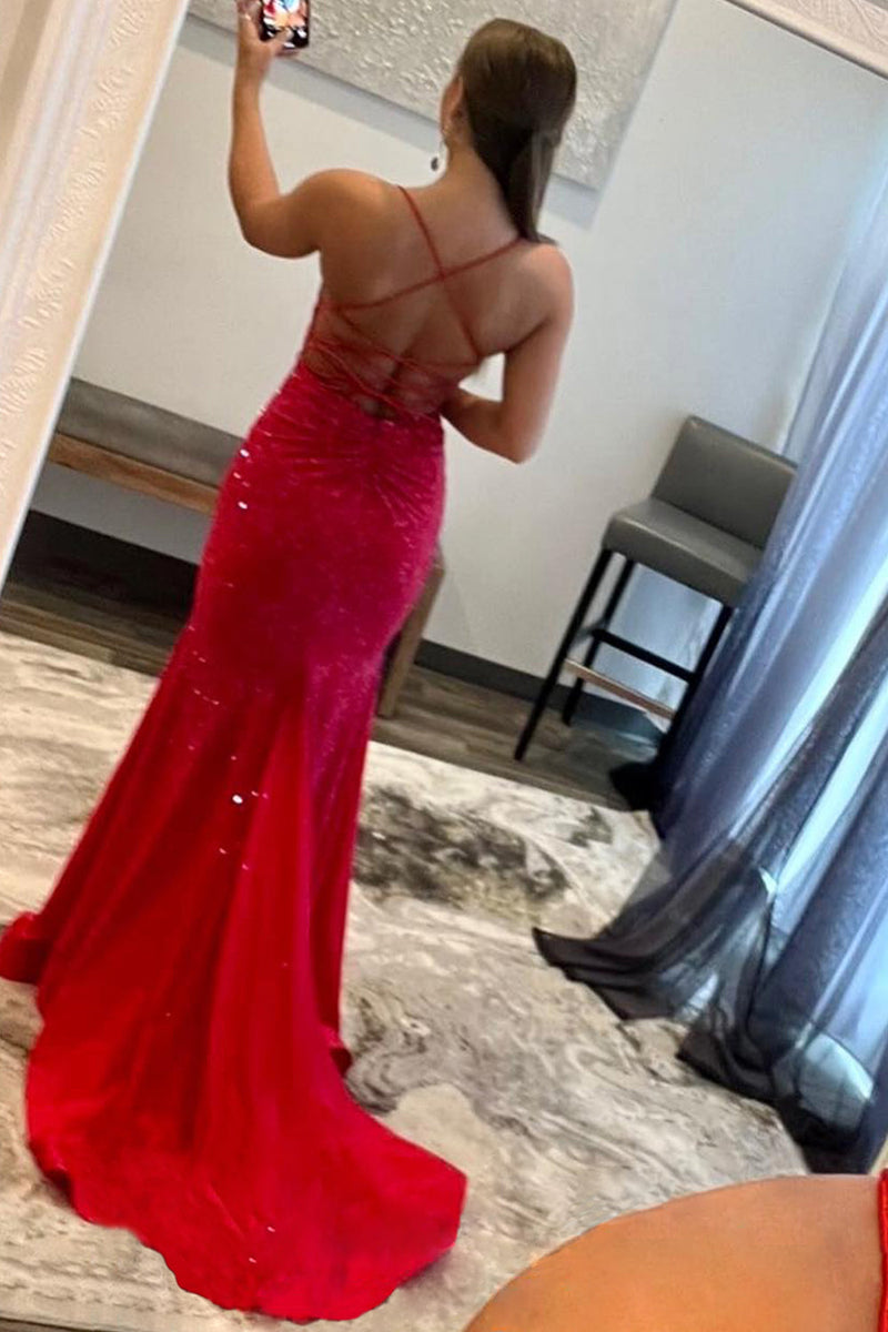 Queendancer Women Sparkly Red Long Prom Dress Mermaid Spaghetti Straps ...