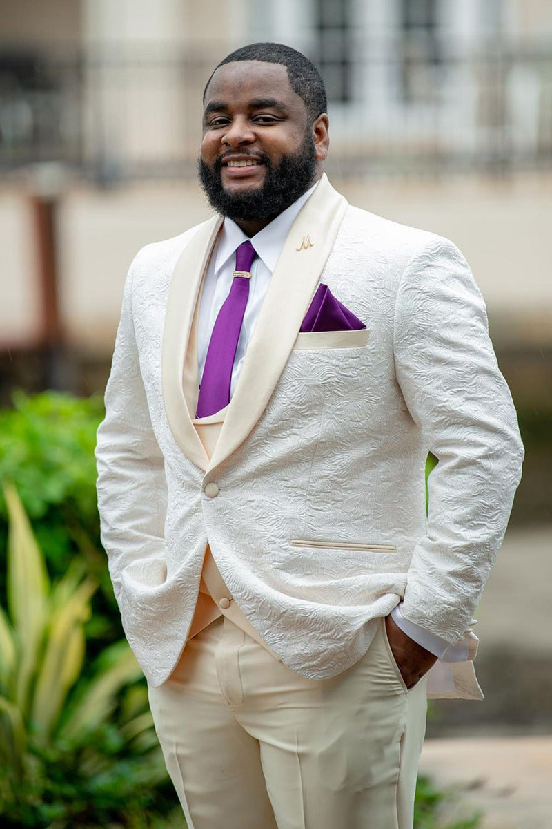 Queendancer Men's Wedding Suits White Jacquard Shawl Lapel 3 Pieces ...