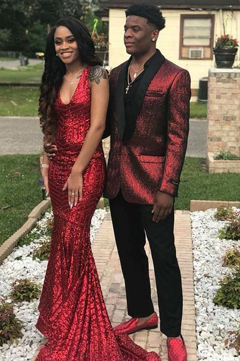 Queendancer Men Red Prom Blazer Sequins Shawl Lapel Slim Fit Party ...