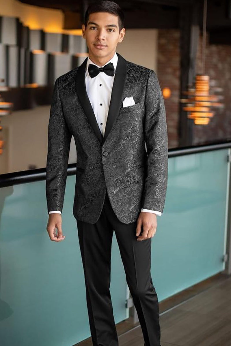 Queendancer Men Black Jacquard Prom Blazer Shawl Lapel One Button ...
