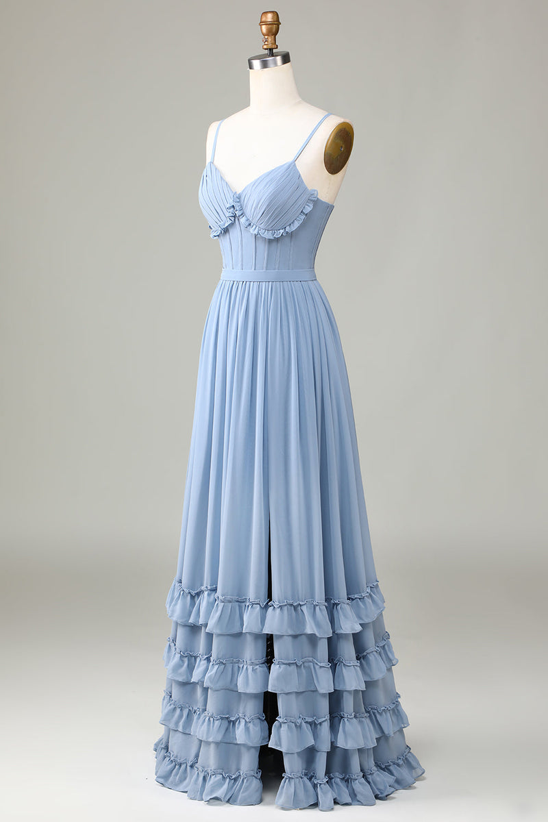 Queendancer Women Dusty Blue Printed Long Bridesmaid Dress Corset A ...